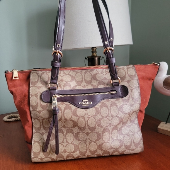 Coach | Bags | Coach Kleo Carryall Khaki Signature Coated Canvas Orange Suede C5789 | Poshmark
